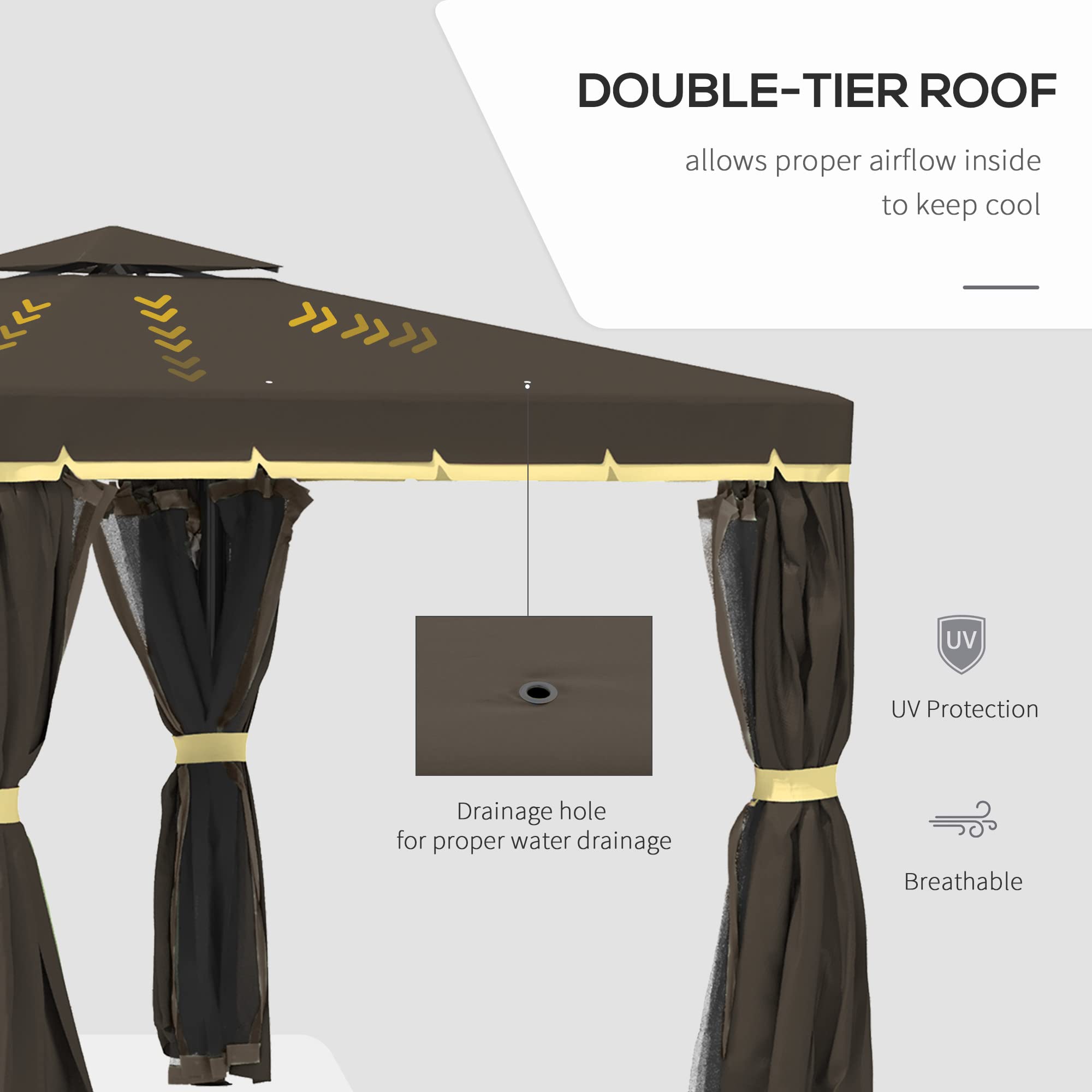 Outsunny 10' x 10' Patio Gazebo, Aluminum Frame Double Roof Outdoor Gazebo Canopy Shelter with Netting & Curtains, for Garden, Lawn, Backyard and Deck, Coffee