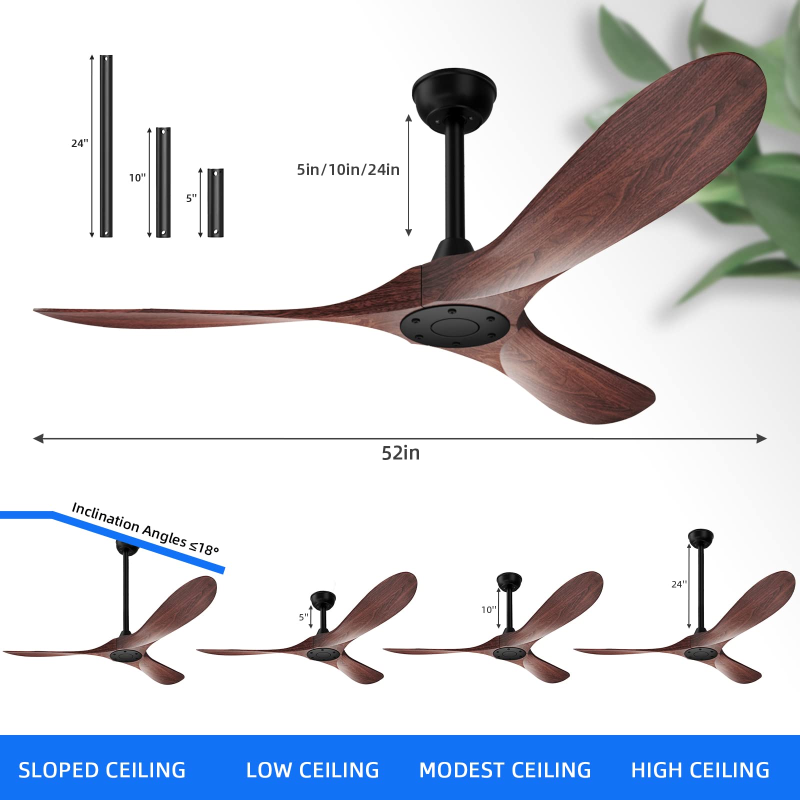 alescu Outdoor Ceiling Fan 52" with Remote Control,Modern Reversible DC Motor for Patio Bedroom Living Room Outdoor Ceiling Fans walnut finish