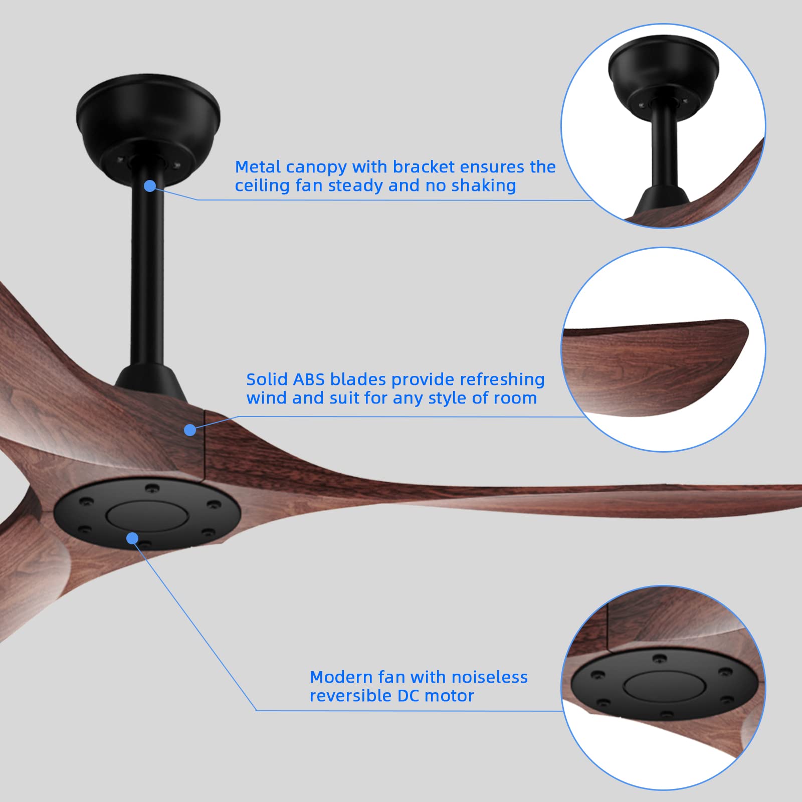 alescu Outdoor Ceiling Fan 52" with Remote Control,Modern Reversible DC Motor for Patio Bedroom Living Room Outdoor Ceiling Fans walnut finish