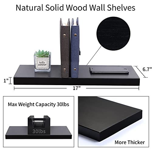 Floating Shelves, Black Wood Wall Mounted Shelves with Invisible Brackets for Bedroom Living Room Bathroom Kitchen, Shelves for Wall Decor Storage Set of 3