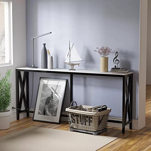 Aquzee Console Table with 2 Power Outlet and 2 USB Ports, 70.9" x 11.8" x 31.5" Steel Frame Narrow Behind Couch Sofa Table, Extra Long White Entryway Table