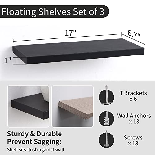 Floating Shelves, Black Wood Wall Mounted Shelves with Invisible Brackets for Bedroom Living Room Bathroom Kitchen, Shelves for Wall Decor Storage Set of 3