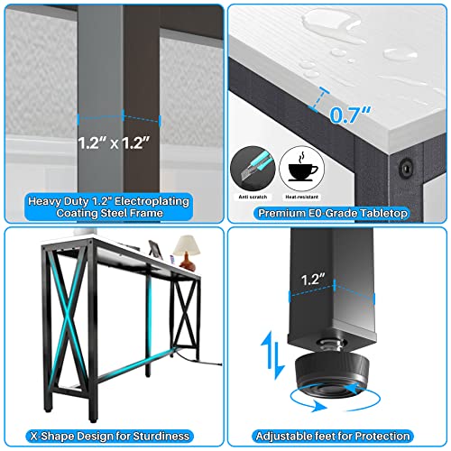 Aquzee Console Table with 2 Power Outlet and 2 USB Ports, 70.9" x 11.8" x 31.5" Steel Frame Narrow Behind Couch Sofa Table, Extra Long White Entryway Table