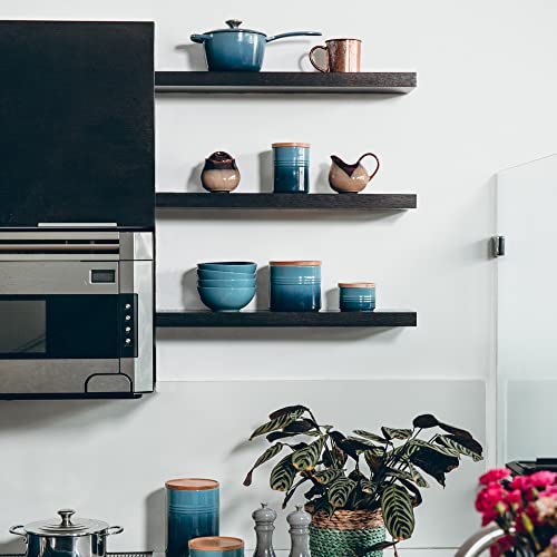 Floating Shelves, Black Wood Wall Mounted Shelves with Invisible Brackets for Bedroom Living Room Bathroom Kitchen, Shelves for Wall Decor Storage Set of 3
