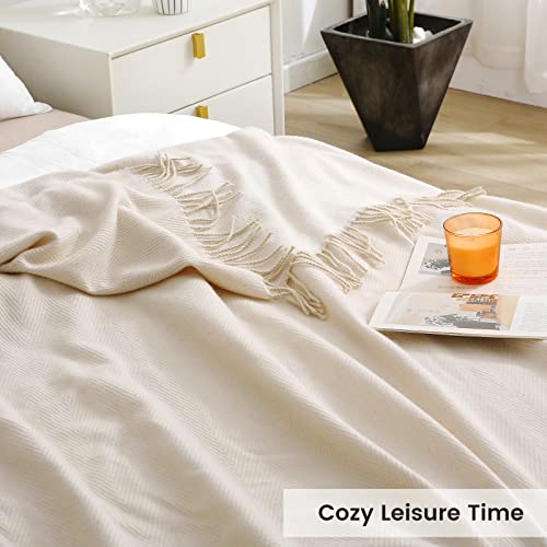 ZonLi Cream Throw Blanket Lightweight Herringbone Throw Blankets for Couch Ivory Beige Boho Throw Blanket Decorative Knitted Blankets with Tassels Fringe for Bed Outdoor 55'' x 75''