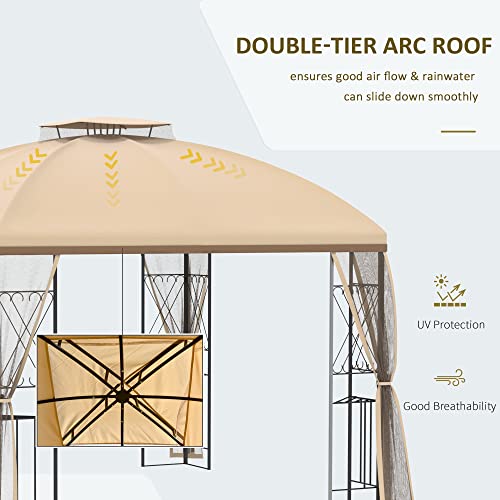 Outsunny 10' x 10' Patio Gazebo with Corner Shelves, Double Roof Outdoor Gazebo Canopy Shelter with Removable Mesh Netting, for Garden, Lawn, Backyard and Deck, Beige