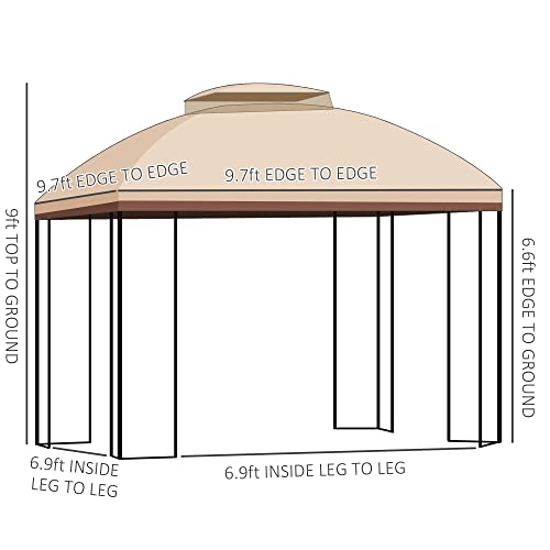 Outsunny 10' x 10' Patio Gazebo with Corner Shelves, Double Roof Outdoor Gazebo Canopy Shelter with Removable Mesh Netting, for Garden, Lawn, Backyard and Deck, Beige