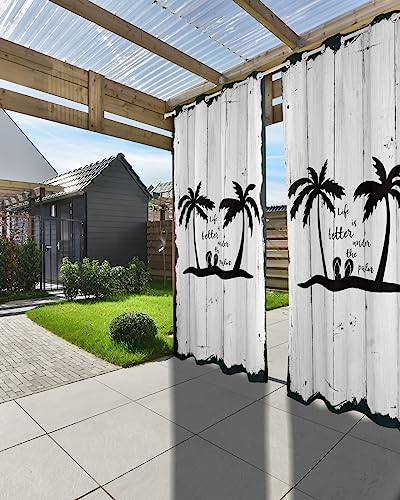 Outdoor Curtains for Patio 2 Panels Set Summer Palm Silhouette Life is Better Under the Palm Wood Grain Waterproof Privacy Outside Curtain Sun Blocking Drapes for Porch Gazebo Pergolas 52"x108"
