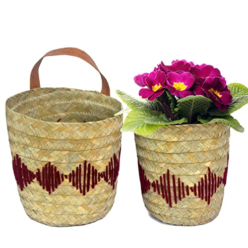 ATHENA HOME Hanging Basket - Small Woven Wicker Seagrass Hanging Basket Set 2 Flower Plants Wall Basket Decor 8 x 8 x 11 inches
