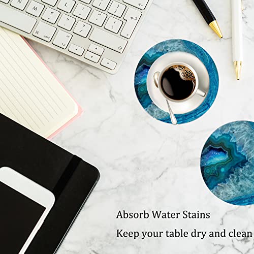 Coasters for Drinks with Holder 6 Pack,Marble Ocean Coasters for Table,Ceramic Absorb Stone Coasters with Cork Base,Housewarming Gift for Home Decor (Agate Blue)…
