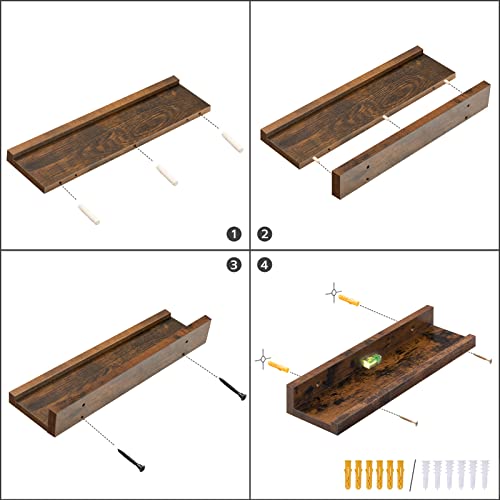 HOOBRO Floating Shelves, Wall Shelf Set of 3, 35.4 Inches Hanging Shelf with Raised Edge and Invisible Brackets, for Bathroom, Bedroom, Kitchen, Office, Living Room Decor, Rustic Brown BF90BJ01
