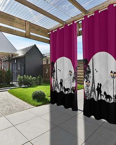 Outdoor Curtains for Patio 2 Panels Set Lovers Carriage and Eiffel Tower Under the Moon Waterproof Privacy Outside Curtain Sun Blocking Grommet Drapes for Porch Gazebo Pergolas Balcony 52x84 Inch