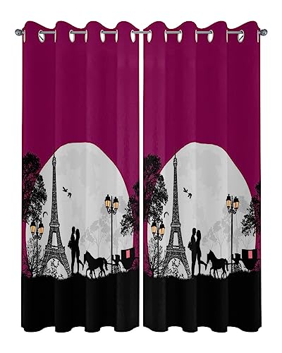 Outdoor Curtains for Patio 2 Panels Set Lovers Carriage and Eiffel Tower Under the Moon Waterproof Privacy Outside Curtain Sun Blocking Grommet Drapes for Porch Gazebo Pergolas Balcony 52x84 Inch