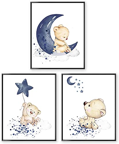 BDA36-Z Set of 3 poster丨Nursery children's room Bear Moon Star Decor Wall Art Poster丨Cute Modern Nordic Home Decor Poster blue painting art丨for Boy Girl Kids Room Playroom丨8x10 inch Unframed
