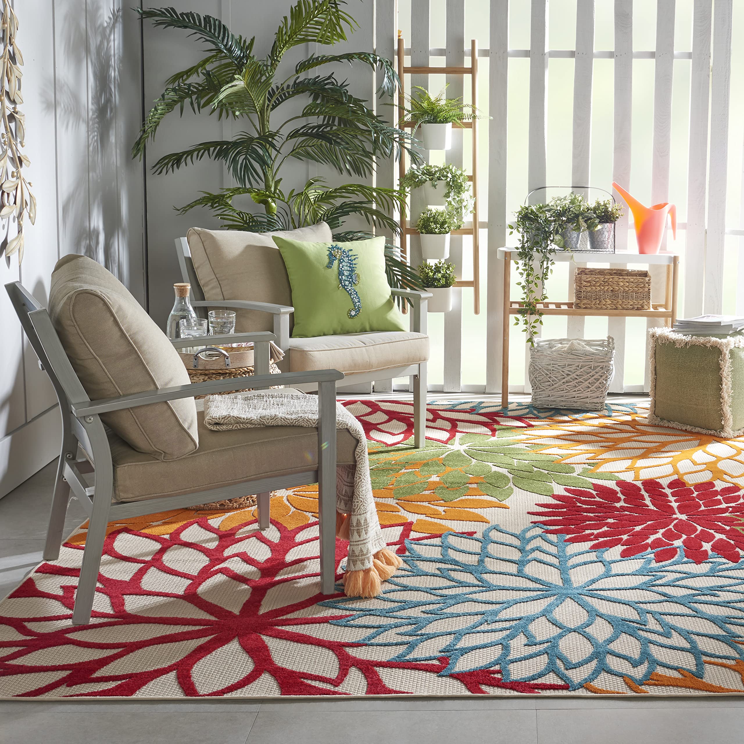 Nourison Aloha Indoor/Outdoor Green 7'10" x 10'6" Area Rug, Tropical, Botanical, Easy Clean, Non Shedding, Bed Room, Living Room, Dining Room, Deck, Backyard, Patio (8x10)