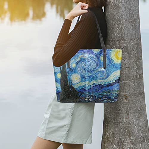 Starry Night Painting Tote Bag for Women, Large Leather Tote Shoulder Bag Handbag with Zipper, 11.8 x 3.5 x 11 inch