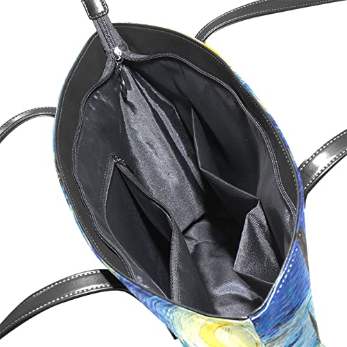 Starry Night Painting Tote Bag for Women, Large Leather Tote Shoulder Bag Handbag with Zipper, 11.8 x 3.5 x 11 inch