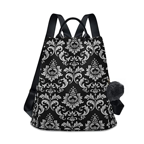 Dark Grey Baroque, Retro Damask Floral Pattern on Black Women Daypacks Ladies Backpack Purse Casual Shoulder Bag Knapsack College Schoolbag Sitting Rucksack Students Bookbag