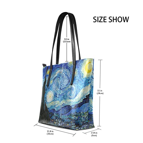 Starry Night Painting Tote Bag for Women, Large Leather Tote Shoulder Bag Handbag with Zipper, 11.8 x 3.5 x 11 inch