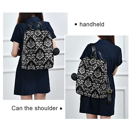 Dark Grey Baroque, Retro Damask Floral Pattern on Black Women Daypacks Ladies Backpack Purse Casual Shoulder Bag Knapsack College Schoolbag Sitting Rucksack Students Bookbag