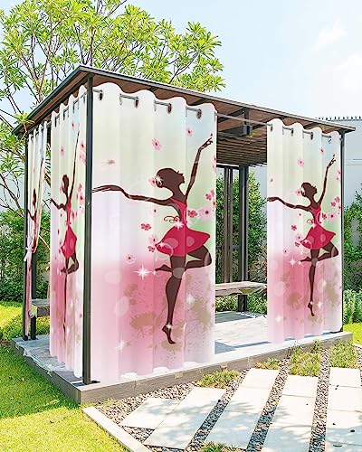 Outdoor Curtains for Patio 2 Panels Set Ballet Dadcing Girl Under Pink Flower Tree Waterproof Privacy Outside Curtain Sun Blocking Grommet Blackout Drapes for Porch Gazebo Pergolas Balcony 52x95 Inch