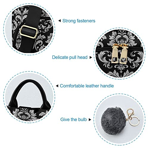 Dark Grey Baroque, Retro Damask Floral Pattern on Black Women Daypacks Ladies Backpack Purse Casual Shoulder Bag Knapsack College Schoolbag Sitting Rucksack Students Bookbag