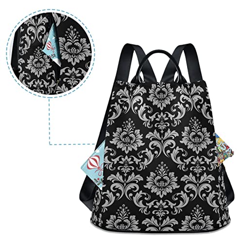 Dark Grey Baroque, Retro Damask Floral Pattern on Black Women Daypacks Ladies Backpack Purse Casual Shoulder Bag Knapsack College Schoolbag Sitting Rucksack Students Bookbag