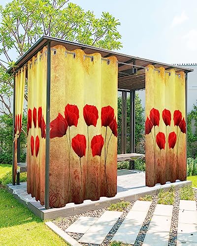 HERBED Outdoor Curtains for Patio 2 Panels Set Red Flowers Under Sunset Waterproof Privacy Outside Curtain Sun Blocking Grommet Blackout Drapes for Porch Gazebo Pergolas Balcony 52x108 Inch