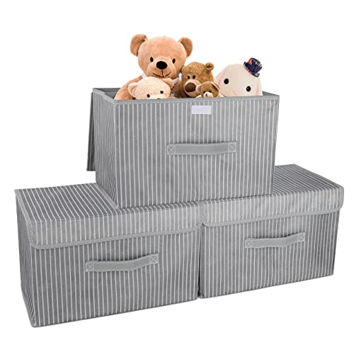 DK.AMZ Foldable Storage Bins with Lids, Fabric Storage Basket for Shelves with Handles, Collapsible Closet Organizer for Home Office, 3-pack, 15 x 9 inches, Gray & White