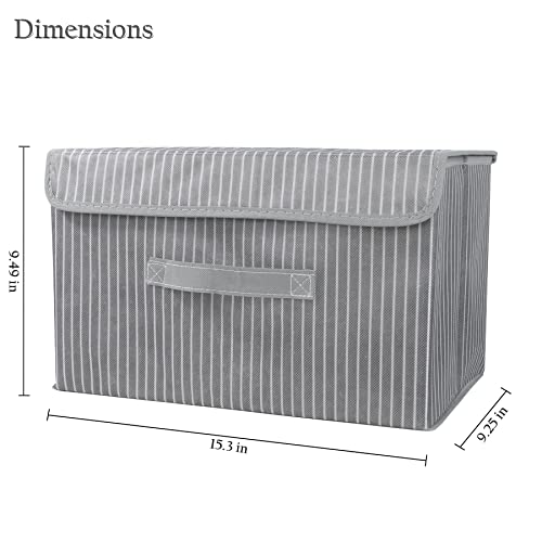DK.AMZ Foldable Storage Bins with Lids, Fabric Storage Basket for Shelves with Handles, Collapsible Closet Organizer for Home Office, 3-pack, 15 x 9 inches, Gray & White