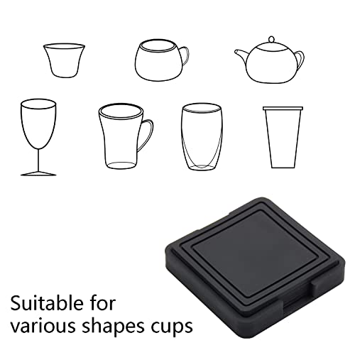 TOSSOW Square Drink Coaster with Holder( Set of 6pcs) Black Silicone Coasters, Non-Slip Heat Resistant Insulation Durable Coffee Drinks Wine Cup Mat