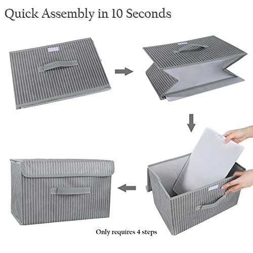 DK.AMZ Foldable Storage Bins with Lids, Fabric Storage Basket for Shelves with Handles, Collapsible Closet Organizer for Home Office, 3-pack, 15 x 9 inches, Gray & White