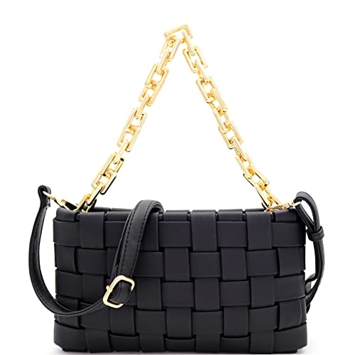 Womens Girls Gold Chain Accent Vegan Leather Clutch Purse Tote Handbag Crossbody (Black)