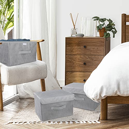 DK.AMZ Foldable Storage Bins with Lids, Fabric Storage Basket for Shelves with Handles, Collapsible Closet Organizer for Home Office, 3-pack, 15 x 9 inches, Gray & White