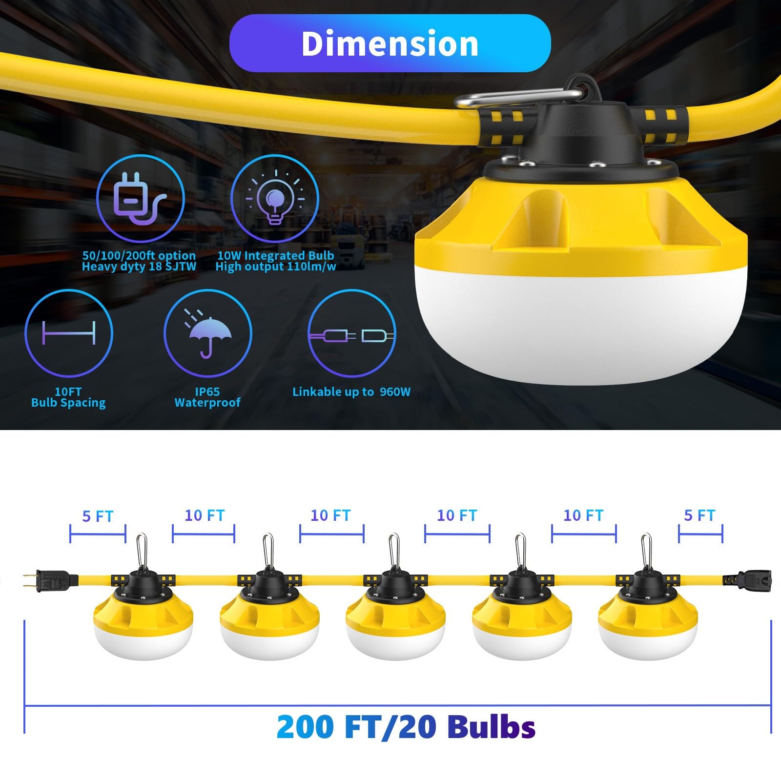 Guntsous 200FT LED Construction String Lights, 200W 22000LM,20 Sockets, Linkable Up to 16 Sets,Temporary Work Light for Job Site Workshop