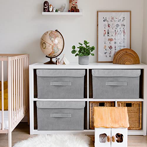DK.AMZ Foldable Storage Bins with Lids, Fabric Storage Basket for Shelves with Handles, Collapsible Closet Organizer for Home Office, 3-pack, 15 x 9 inches, Gray & White