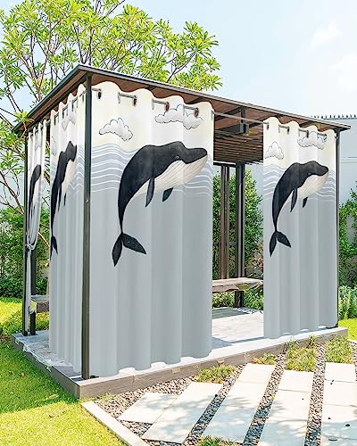 Waterproof Outdoor Curtains for Patio, Cartoon Whale Under the Sea and Clouds Weatherproof Privacy Outdoor Drapes, Grommet Top Outside Curtains for Gazebo Porch Pergola Cabana, 52x108 Inch