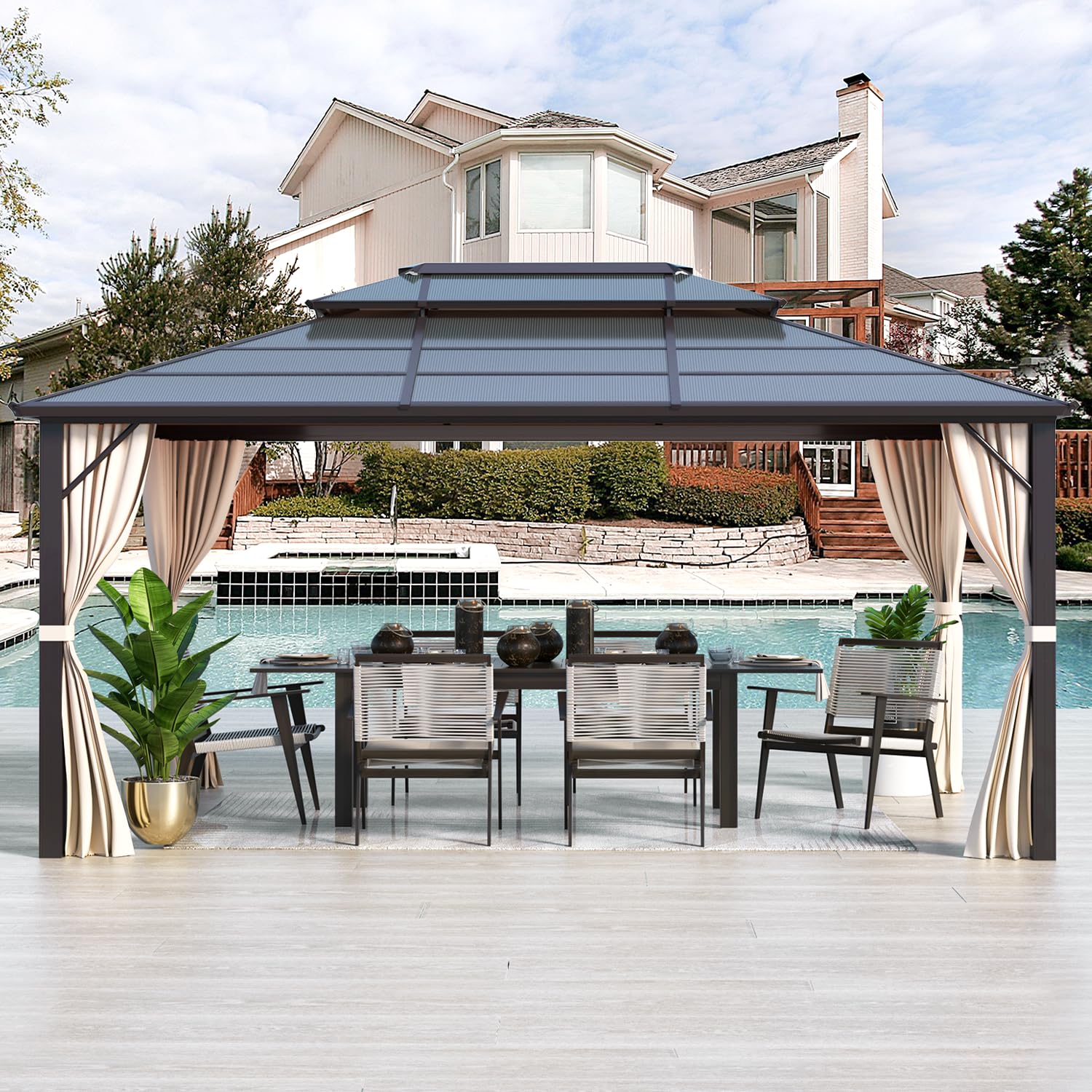 YOLENY 10'x13' Hardtop Gazebo, Outdoor Polycarbonate Double Roof Canopy, Aluminum Frame Permanent Pavilion with Curtains and Netting, Sunshade for Garden, Patio, Lawns