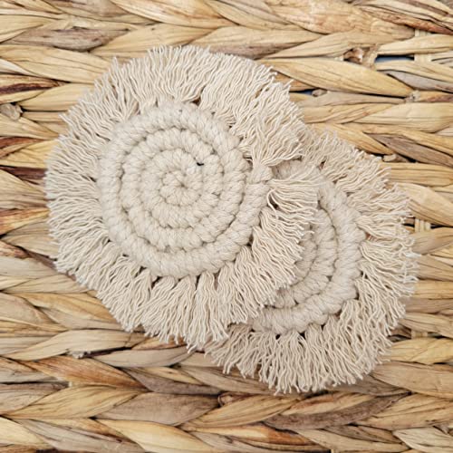 Mokoboho Mini Macrame 100% Cotton Car Coasters Handmade in India - Set of 2 Elegant and Absorbent 3-inch Round Woven Boho Coaster Set with Fringe Tassels for Cup Holders (Café au Lait)