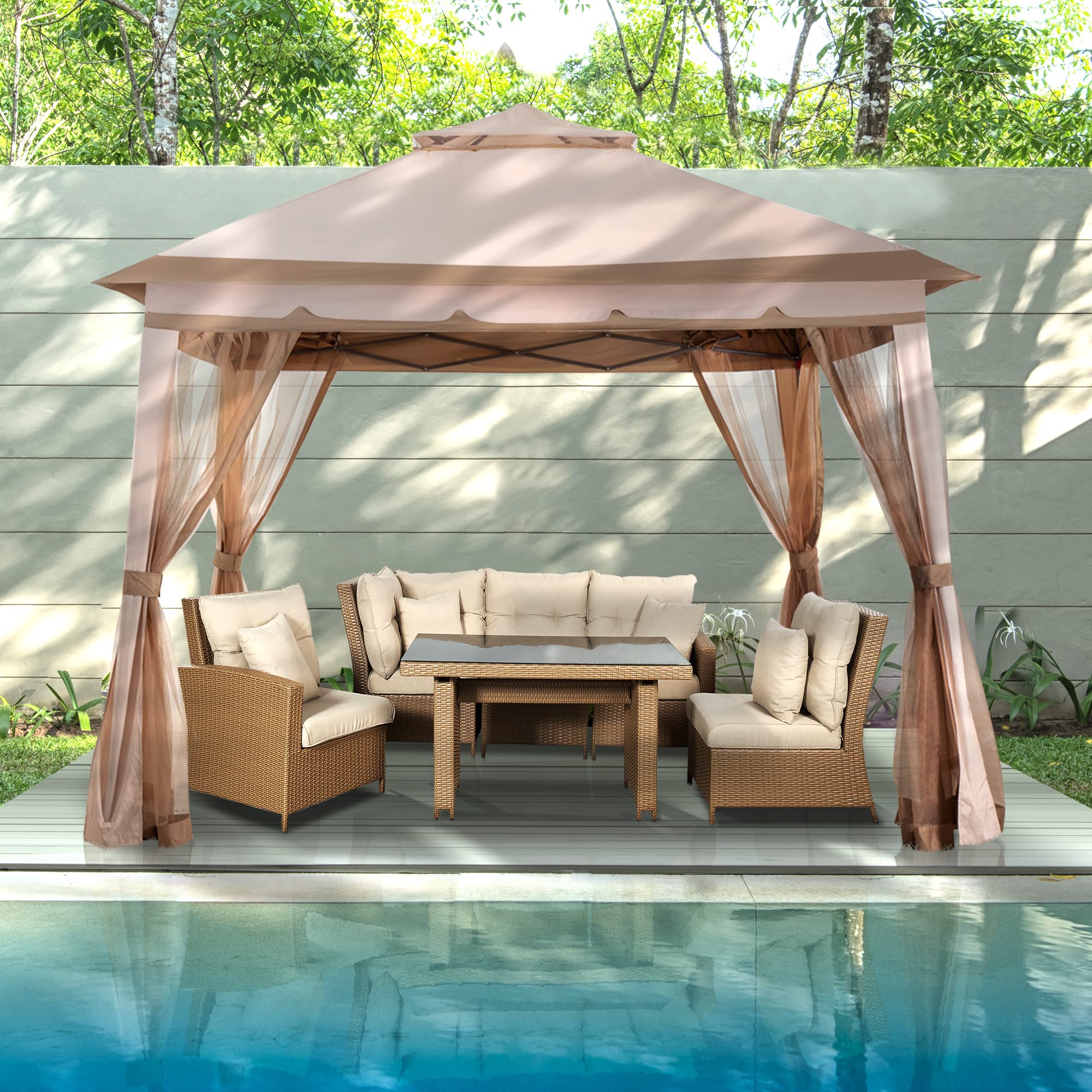 Pamapic 11x11 Outdoor Pop up Gazebo for Patios Canopy for Shade and Rain with Mosquito Netting, Waterproof Soft Top Metal Frame Gazebo for Lawn, Garden, Backyard and Deck (Beige)