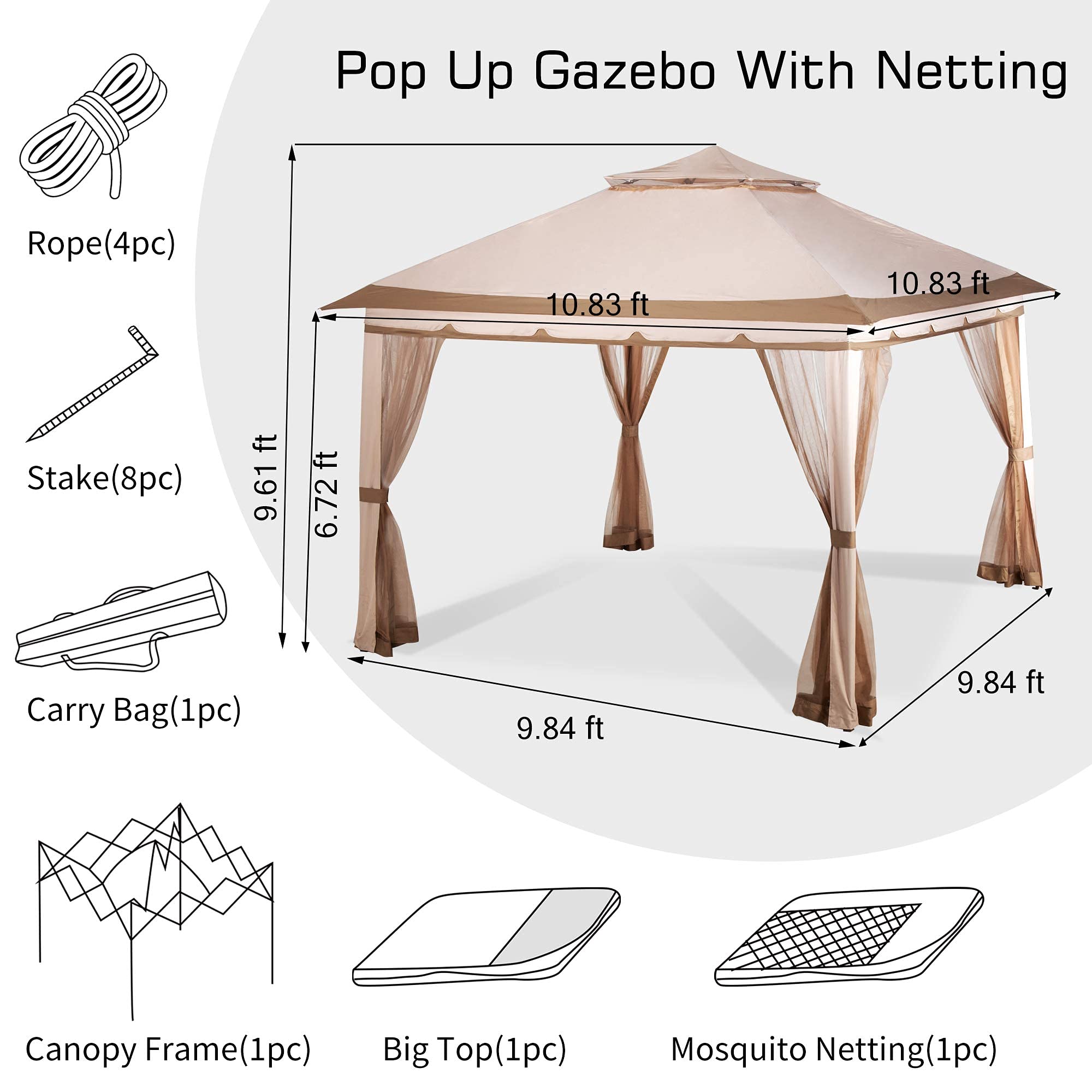 Pamapic 11x11 Outdoor Pop up Gazebo for Patios Canopy for Shade and Rain with Mosquito Netting, Waterproof Soft Top Metal Frame Gazebo for Lawn, Garden, Backyard and Deck (Beige)