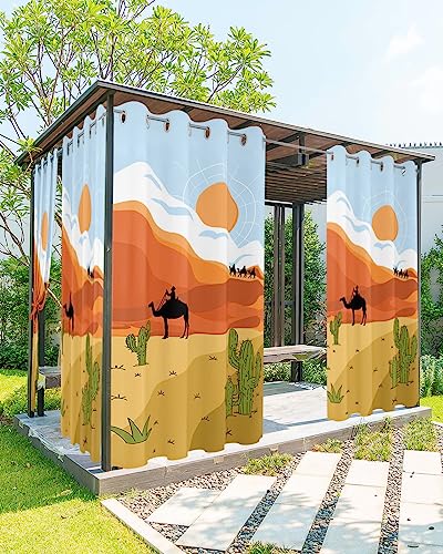 Waterproof Outdoor Curtains for Patio, Cartoon Cactus and Camel under the Clouds Blue Weatherproof Privacy Outdoor Drapes, Grommet Top Outside Curtains for Gazebo Porch Pergola Cabana, 52x108 Inch