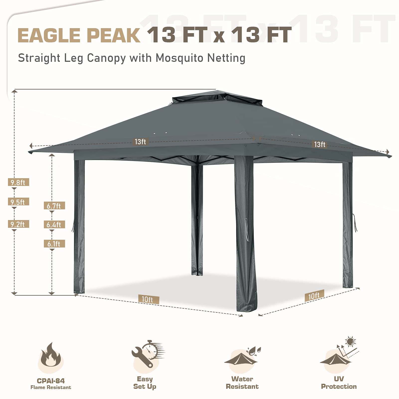 EAGLE PEAK 13x13 Pop Up Gazebo with Mesh Netting, Easy Up Screened Canopy for Patio and Backyard, Easy Set up Outdoor Gazebo (Gray)