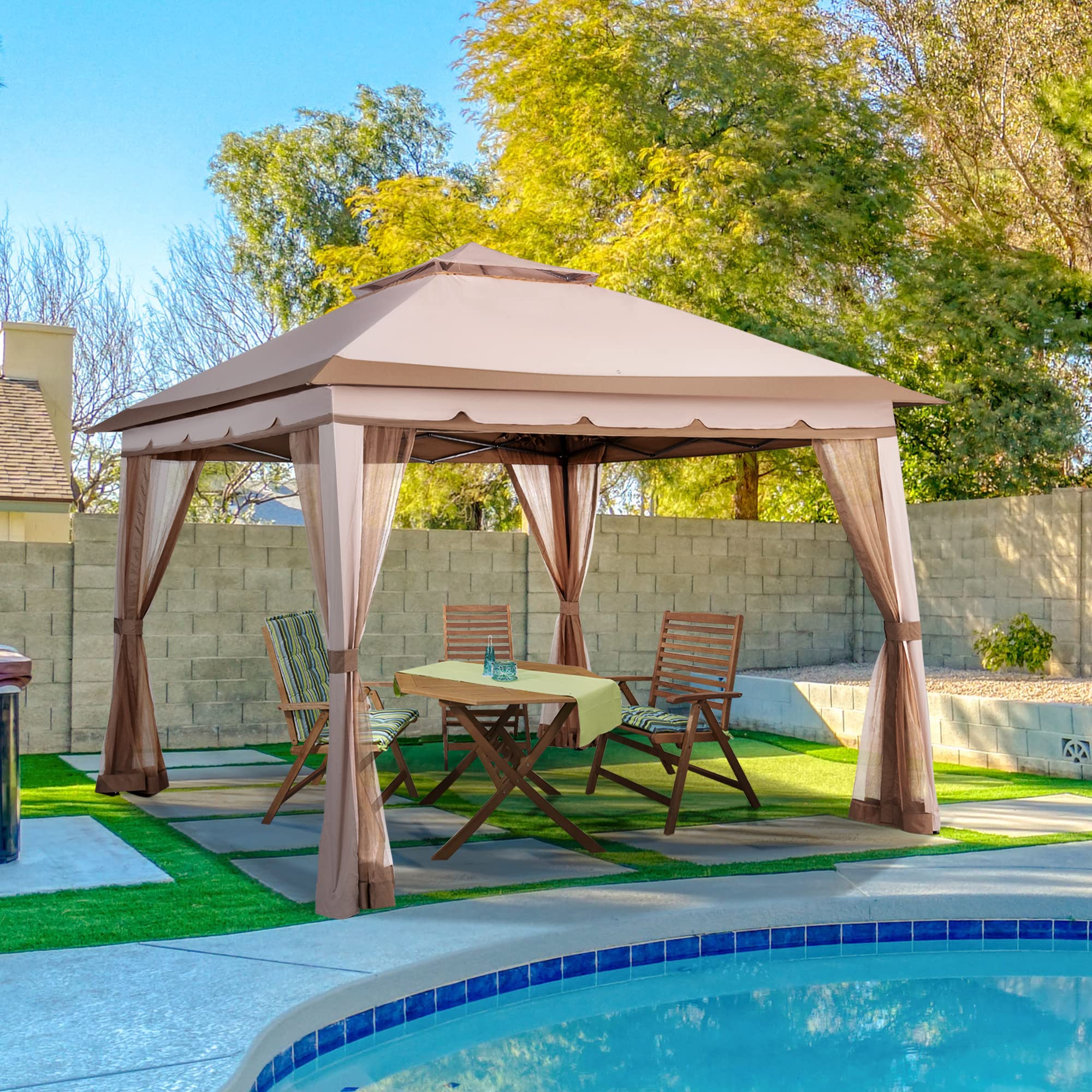 Pamapic 11x11 Outdoor Pop up Gazebo for Patios Canopy for Shade and Rain with Mosquito Netting, Waterproof Soft Top Metal Frame Gazebo for Lawn, Garden, Backyard and Deck (Beige)