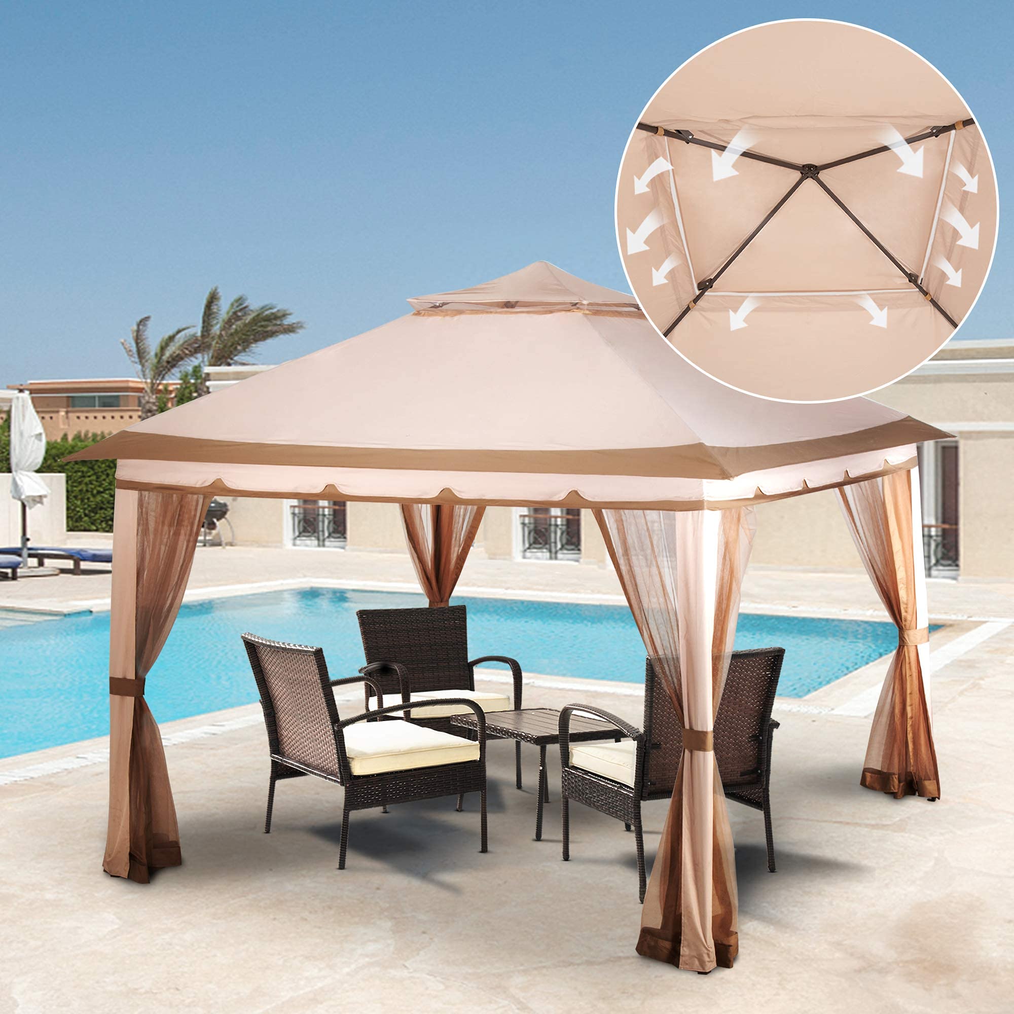 Pamapic 11x11 Outdoor Pop up Gazebo for Patios Canopy for Shade and Rain with Mosquito Netting, Waterproof Soft Top Metal Frame Gazebo for Lawn, Garden, Backyard and Deck (Beige)