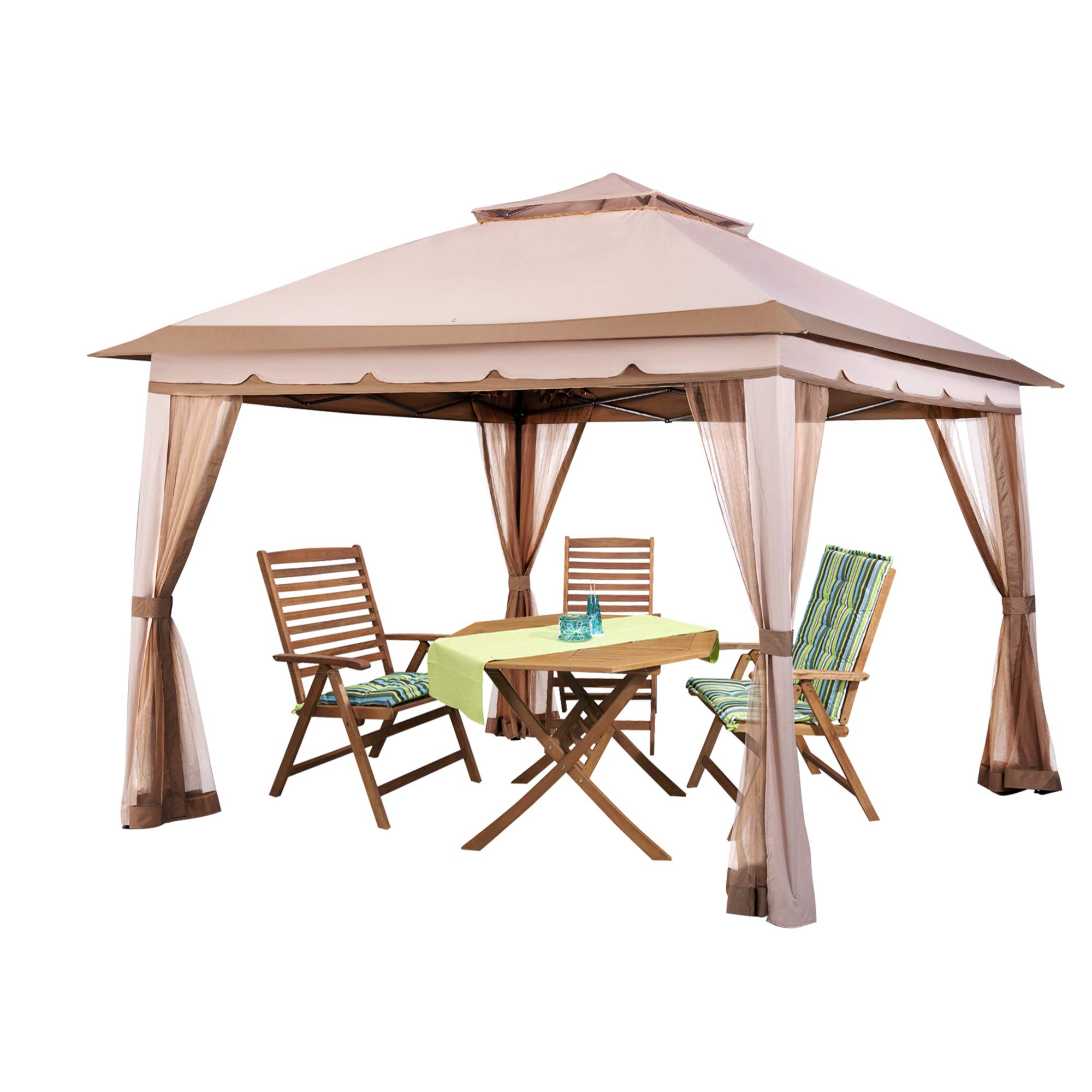 Pamapic 11x11 Outdoor Pop up Gazebo for Patios Canopy for Shade and Rain with Mosquito Netting, Waterproof Soft Top Metal Frame Gazebo for Lawn, Garden, Backyard and Deck (Beige)