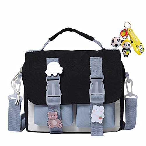 JELLYEA Kawaii Shoulder Bag with Cute Accessories Pins Kawaii Tote Bag School Crossbody Backpack Casual Fashion (Black)