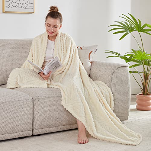 BEAUTEX Jacquard Fleece Throw Blanket(50''x60'', Beige) for Couch Bed and Sofa, Soft Sherpa Fuzzy Blankets Throw Size, Cozy Fluffy Plush Throws for All Seasons Using