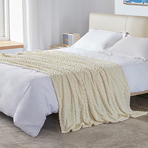 BEAUTEX Jacquard Fleece Throw Blanket(50''x60'', Beige) for Couch Bed and Sofa, Soft Sherpa Fuzzy Blankets Throw Size, Cozy Fluffy Plush Throws for All Seasons Using