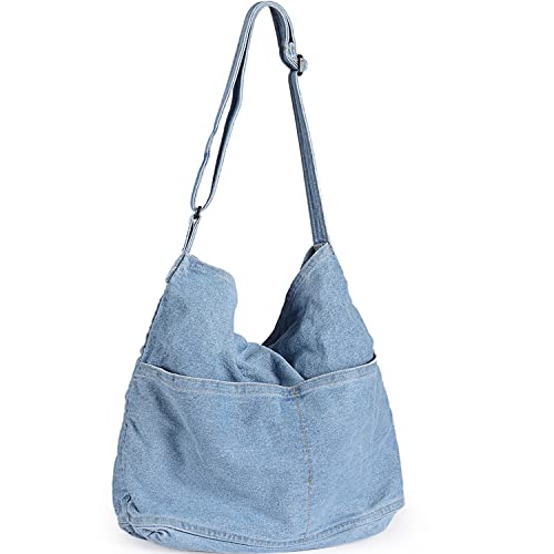WantGor Large Tote Bag, Denim Shoulder Bag Crossbody Hobo Bags Casual Retro Canvas Bag for Women Travel Work